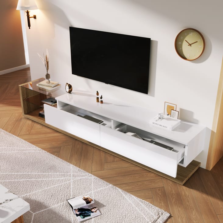 Mueble tv blanco brillo y madera esmaltada e iluminación led variable ...