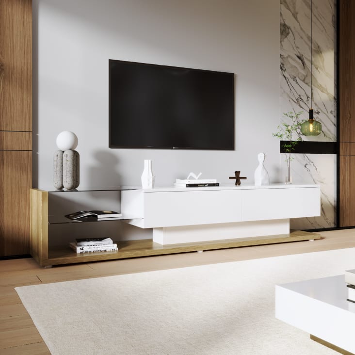 Mueble tv blanco brillo y madera esmaltada e iluminación led variable ...