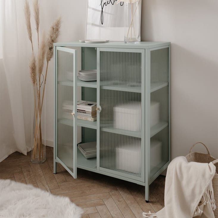 Commode verte 2 portes vitrées et 2 étagères en métal L80 cm - Vert ...