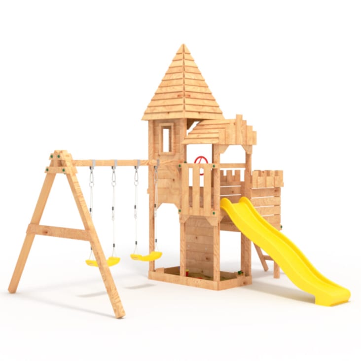 Spielturm aus massiver Kiefer mit gelber Rutsche Ritterburg l120 ...