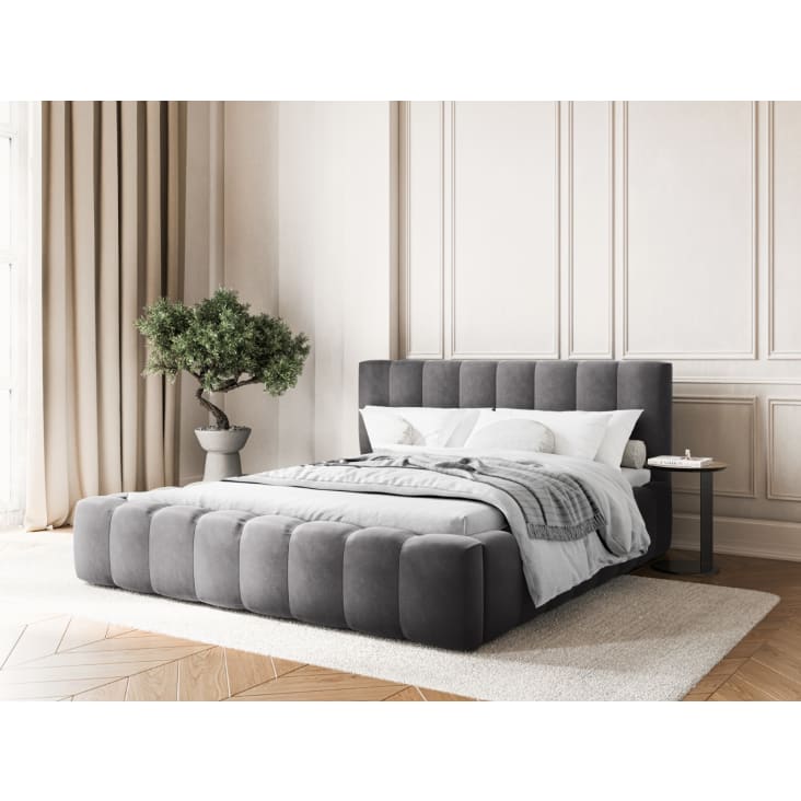 Bett mit Bettkasten und Kopfteil aus Samt, grau Ludivine | Maisons du Monde