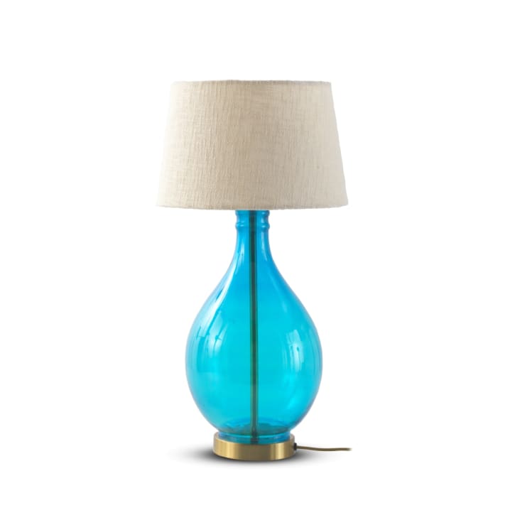 Lampe à poser en verre cristal bleu avec abat-jour en coton blanc ...