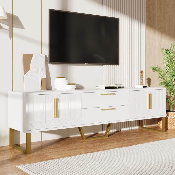 Mobile TV bianco lucido, anta con texture incisa 170*40*53cm | Maisons du Monde