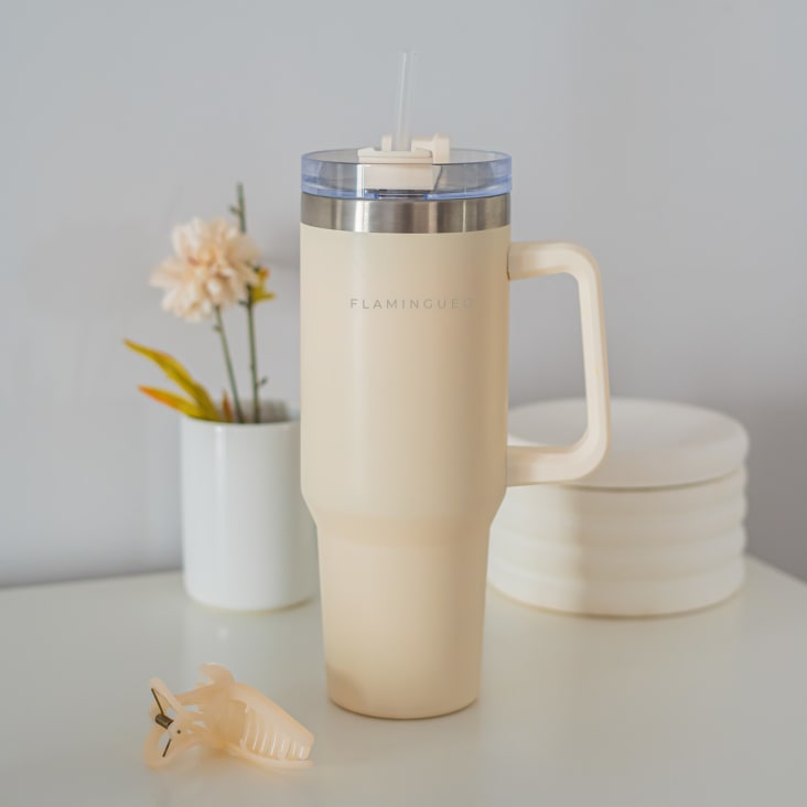 Botella térmica con pajita acero inoxidable 1,18 litros beige | Maisons ...