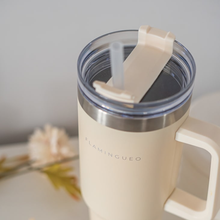 Botella térmica con pajita acero inoxidable 1,18 litros beige | Maisons ...