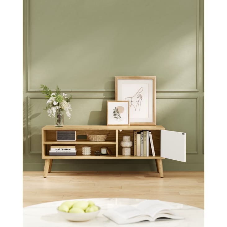 Meuble tv support télé couleur chêne naturel et blanc crème | Maisons ...