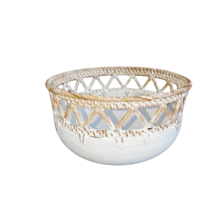 Bol rond en bois et rotin, blanc D20 cm | Maisons du Monde