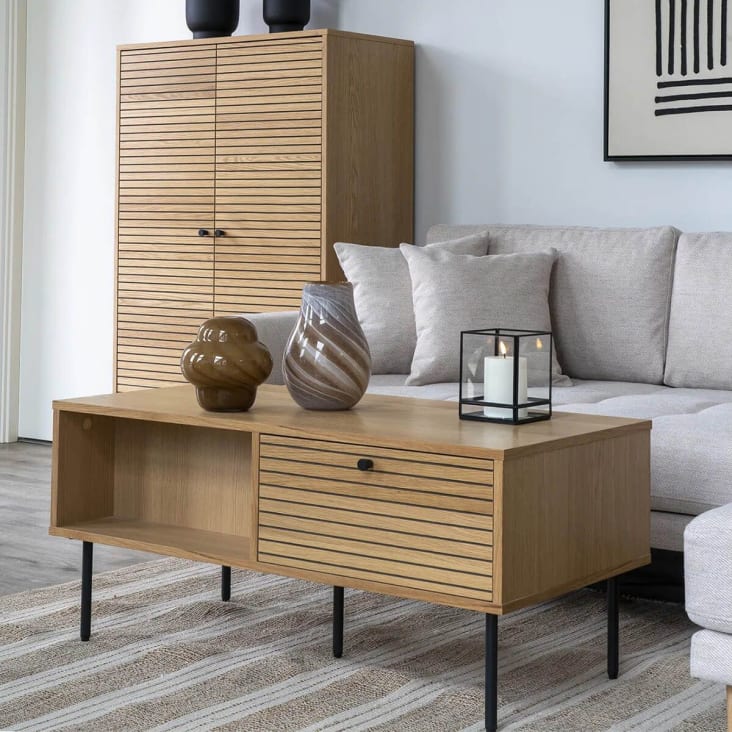 Table basse 2 tiroirs effet tasseaux teinté chêne clair Lowan | Maisons ...