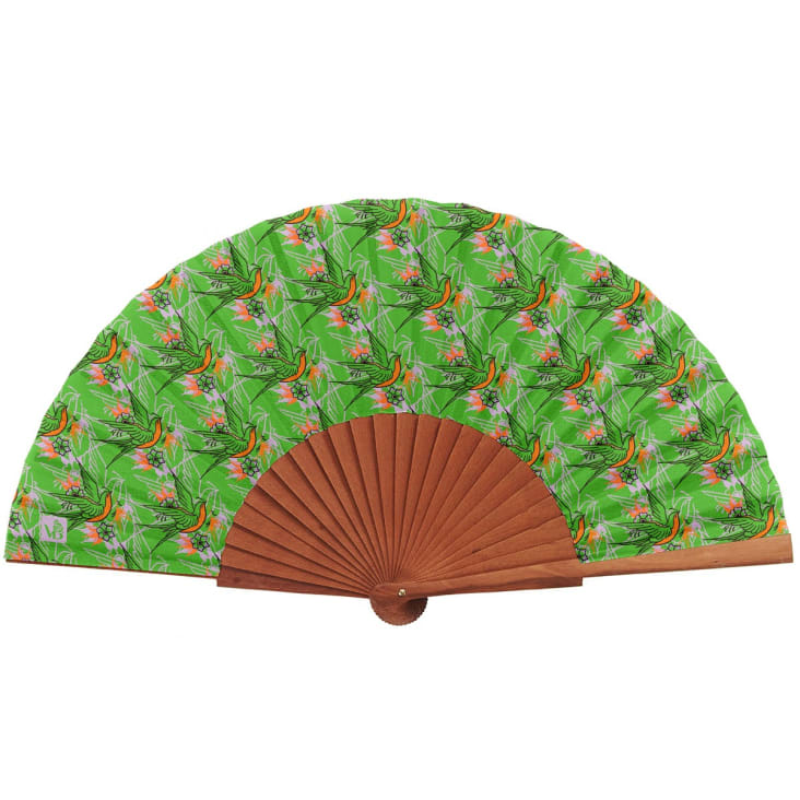 Eventail en bois de merisier et toile imprimée motif oiseaux vert Alize ...