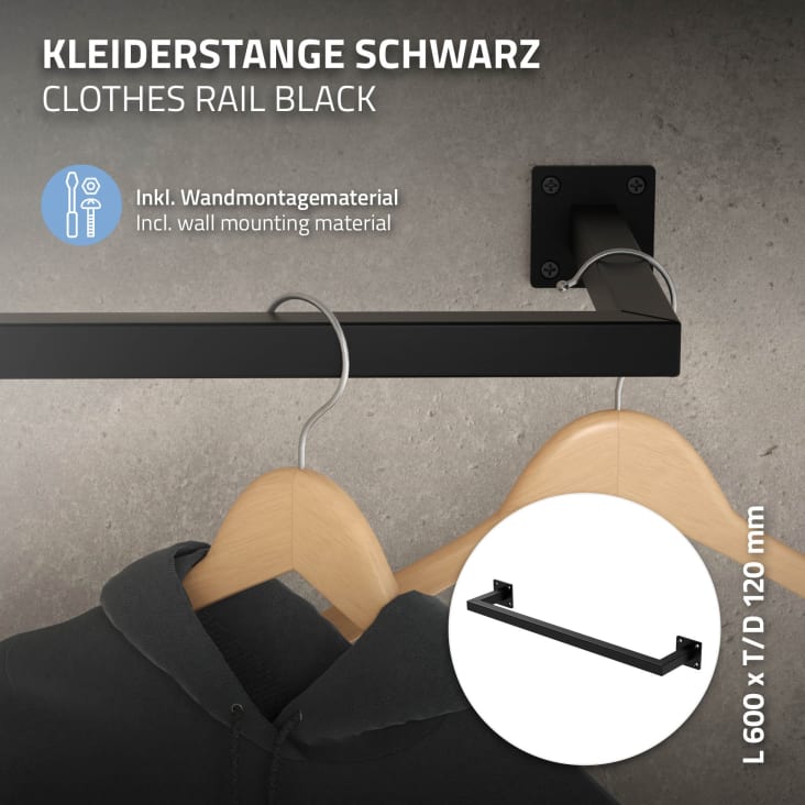 Perchero de pared 60x12cm negro para vestidor/armario barra para ropa ...
