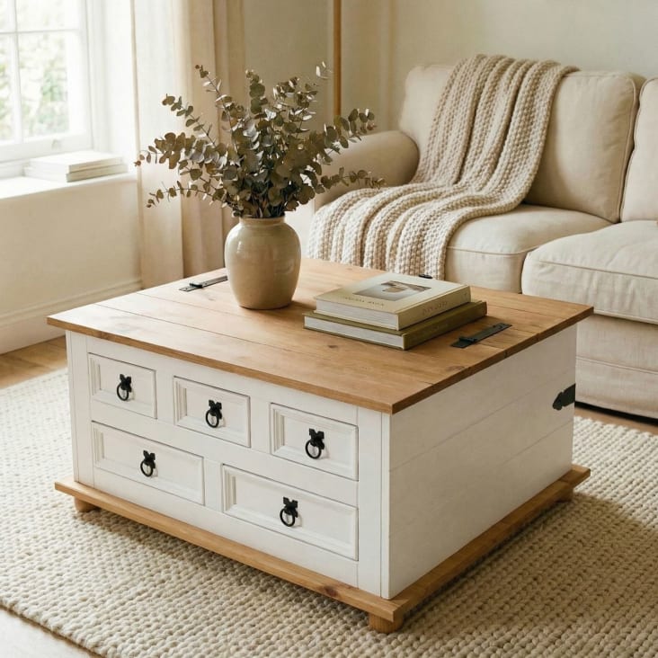 Table basse 5 tiroirs en bois massif, blanc/brun Tequila | Maisons du Monde