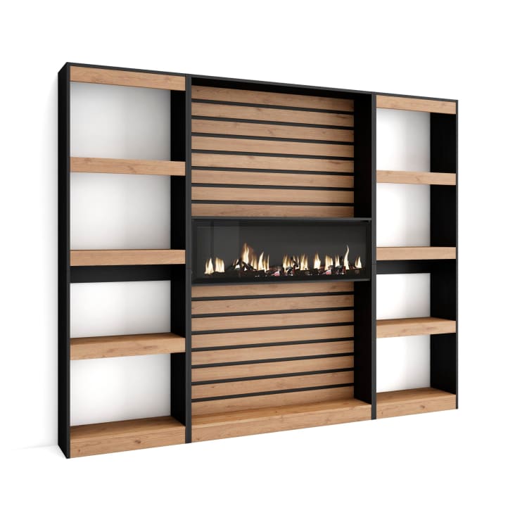 Librería efecto madera roble y negro 230x25x186 chimenea efecto fuego Cozy | Maisons du Monde