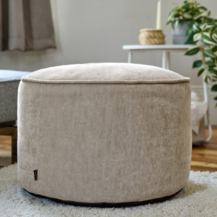 Pouf repose-pieds pouf rond en tissu chenille texturé beige Milano ...