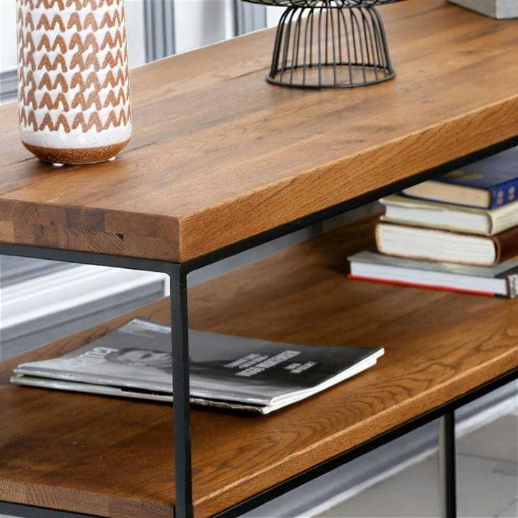 Console 2 plateaux en chêne massif brun pieds métal L120cm Oka ...