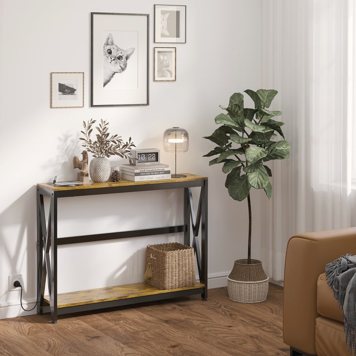 Console meuble style industriel avec prises usb bois marron Homcom ...
