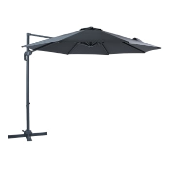 Parasol déporté 3x3m en aluminium imitation bois et toile recyclée gris ...