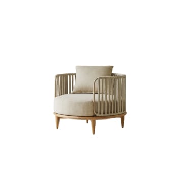 Poltrona in tessuto effetto bouclé bianco, struttura legno rubberwood ...