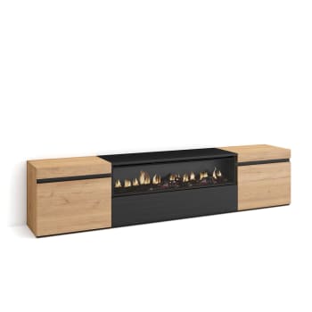 Meuble tv effet bois de chêne et noir 200x35x45cm cheminée effet feu ...