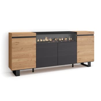 Buffet effet bois de chêne et noir 200x35x87cm cheminée effet feu Cozy ...