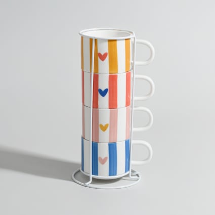 Set de 4 tazas de cerámica con rayas y corazones y soporte de acero ...