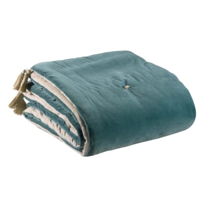 Edredon pompons en coton vert de gris 80 x 180 cm Elise | Maisons du Monde