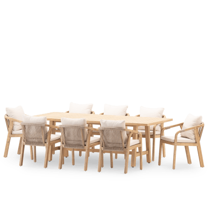 Set tavolo da giardino 230×100 cm e 8 sedie in legno e corda Siena ...