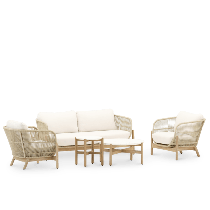 4-Sitzer-Gartenset aus beigem Holz und Seil und 2 Tische Provenza ...