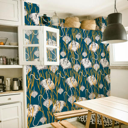 Panorama-Vliestapete mit Rochen und Korallenmustern, Blau 52 Alex ...