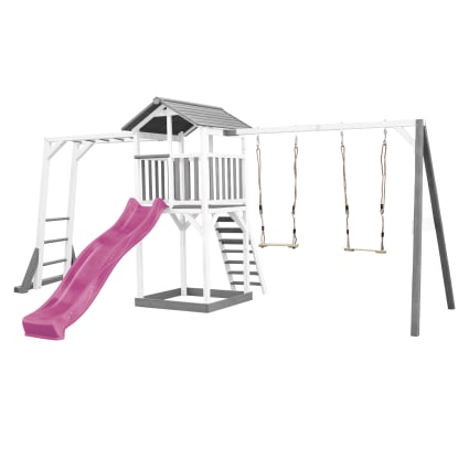 Parque infantil, tobogán morado, columpio doble, madera, blanco/gris ...