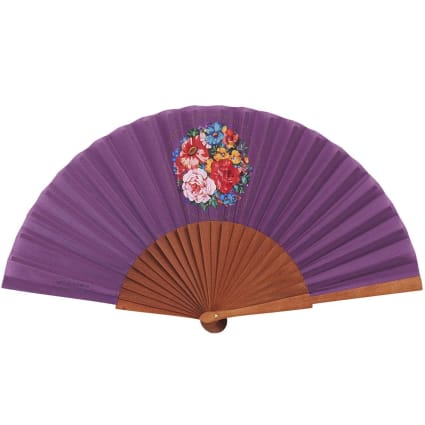 Ventaglio in legno di ciliegio e tessuto stampato floreale viola Holy ...