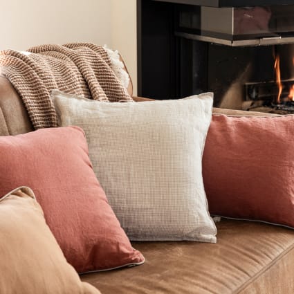 Housse de coussin en lin lavé Pied de poule beige 33x57cm Rêve de lin ...