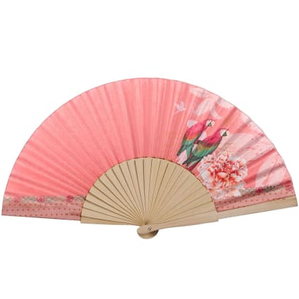 Ventaglio in legno di betulla e tessuto stampato pappagallo rosa Macao ...