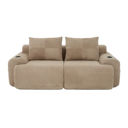 Canapé 2 places en velours côtelé beige avec porte gobelet | Maisons du ...