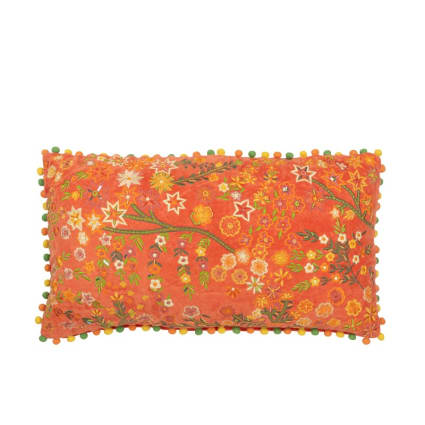 Coussin rectangle fleurs+pompoms en velours orange 65x35x15 cm ...