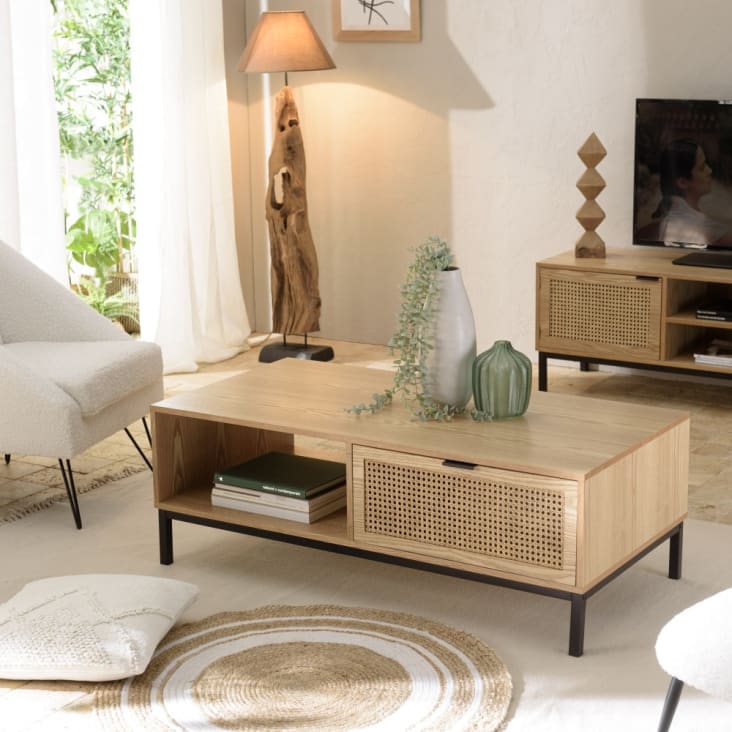 Table basse 1 niche 2 tiroirs cannage naturel pieds métal noir MARCEAU | Maisons du Monde