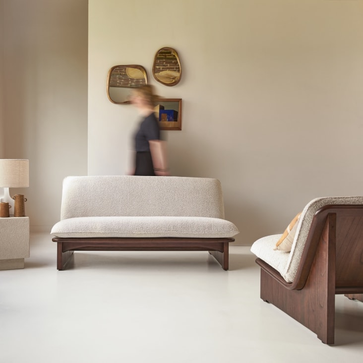 Divanetto in legno di mindi massello e tessuto écru, 2 posti Folk ...