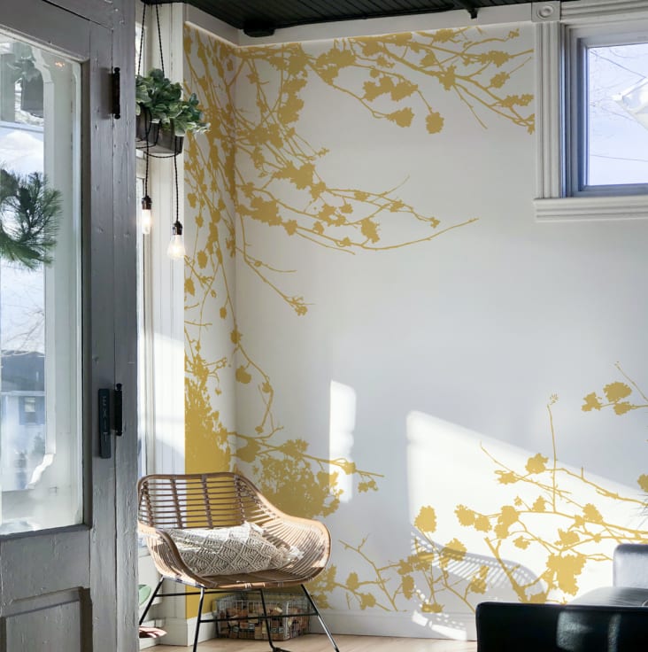 Papel pintado panoramico gráfico de ramas de árboles amarillo 450x250c ...