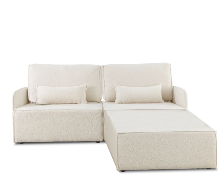2-Sitzer-Sofa Chaiselongue bezogen Bouclé und Kiefernholz Schneeweiß ...