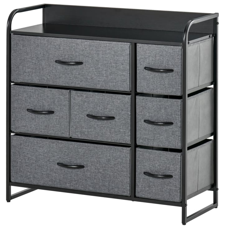 Commode rangement 7 tiroirs plateau acier MDF noir non tissé gris ...
