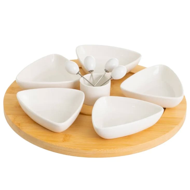 Set 6 coupelles en porcelaine avec piques et plateau bambou rond ...