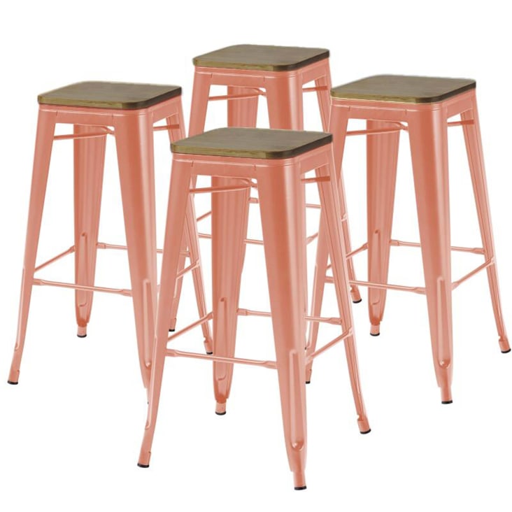 Set aus 4 Barhockern aus mattem Metall in Terracotta und Holz. Indus ...