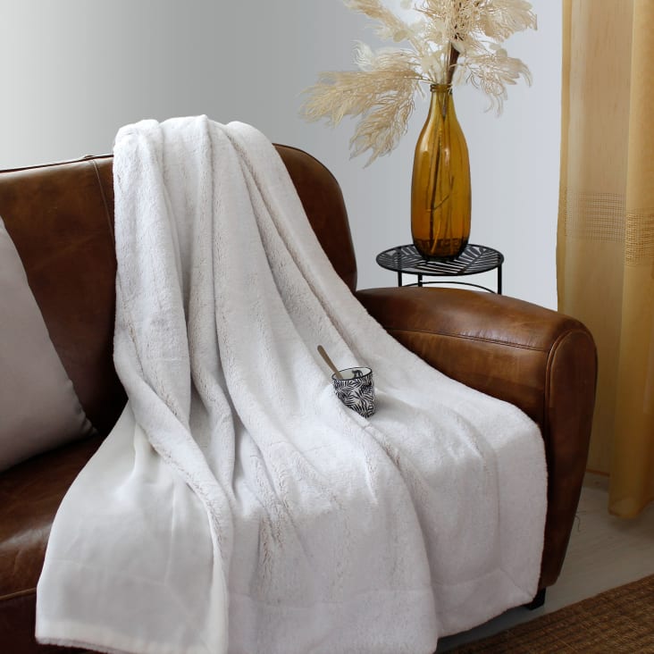 Plaid effet fourrure 2 tons et flanelle blanc 220 x 180 cm Azura ...