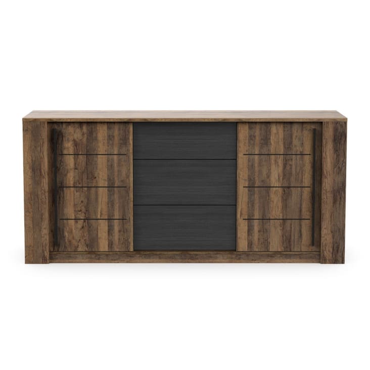 Enfilade 3 tiroirs et 2 portes coulisantes L206 cm - Effet Bois foncé ...