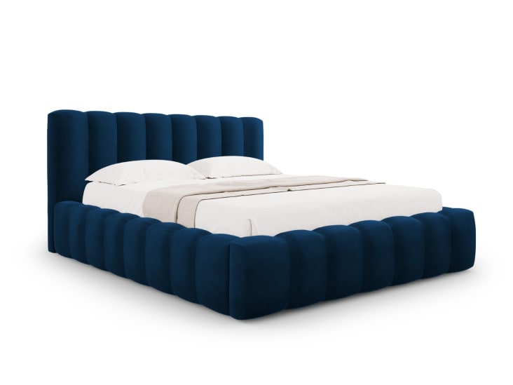 Cama con cabecero y baúl 160x200cm de terciopelo azul regio Ludivine ...