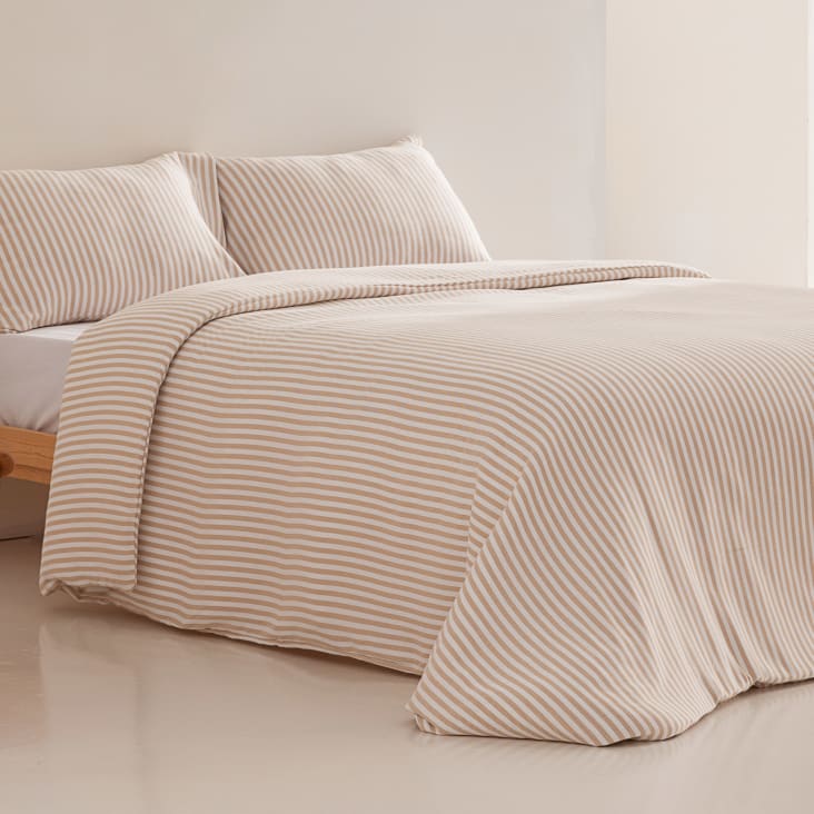 Housse de couette coton jacquard fines rayures beige 180x220 cm Nuvia ...