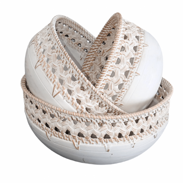 Bol en Bois avec Détails en Rotin - lot de 3 BOHO | Maisons du Monde