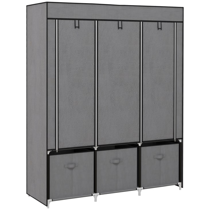 Armoire penderie pliable 5 étagères 2 tringles 3 tiroirs tissu gris ...