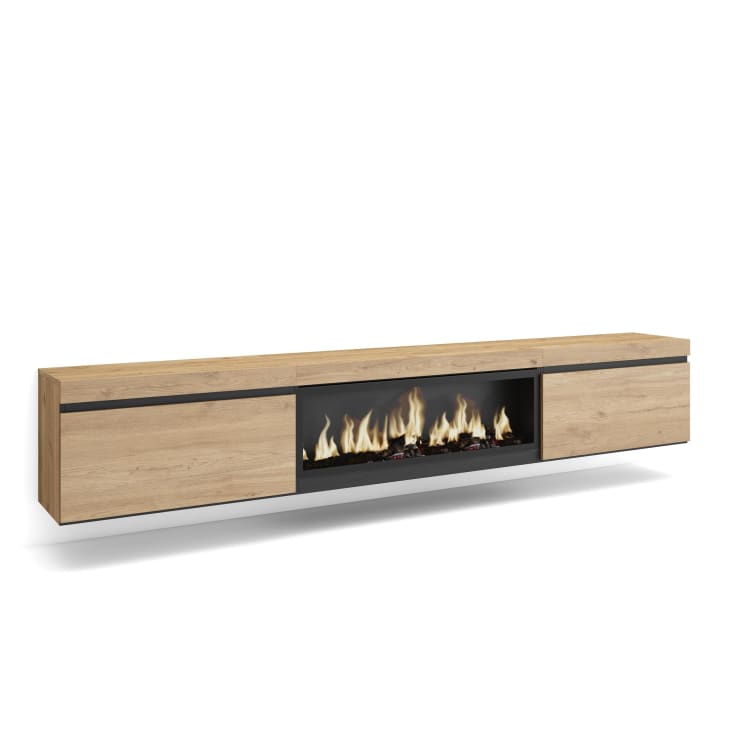 Meuble tv effet bois de chêne 267x35x45cm cheminée effet feu XXL Cozy ...