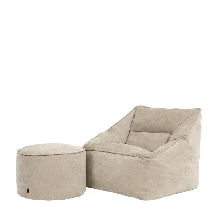 Pouf fauteuil et repose-pied rond en tissu chenille texturé beige ...