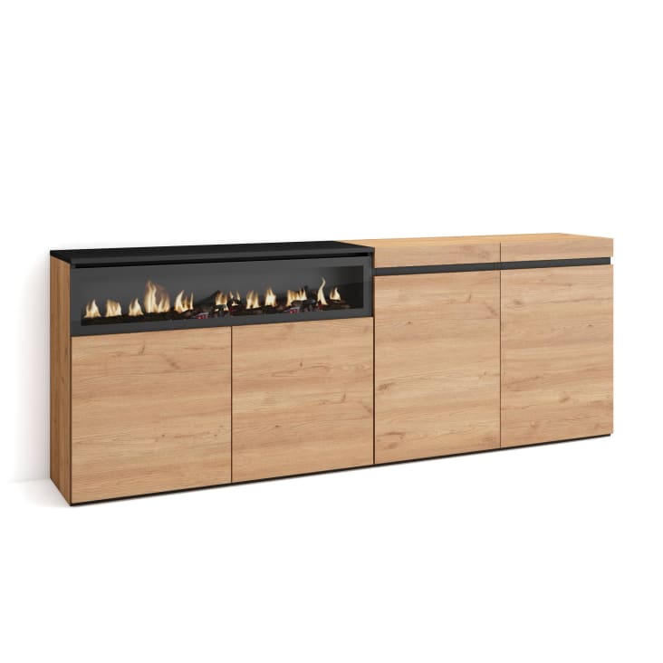 Buffet effet bois chêne et noir 200x35x75cm cheminée effet feu Cozy ...